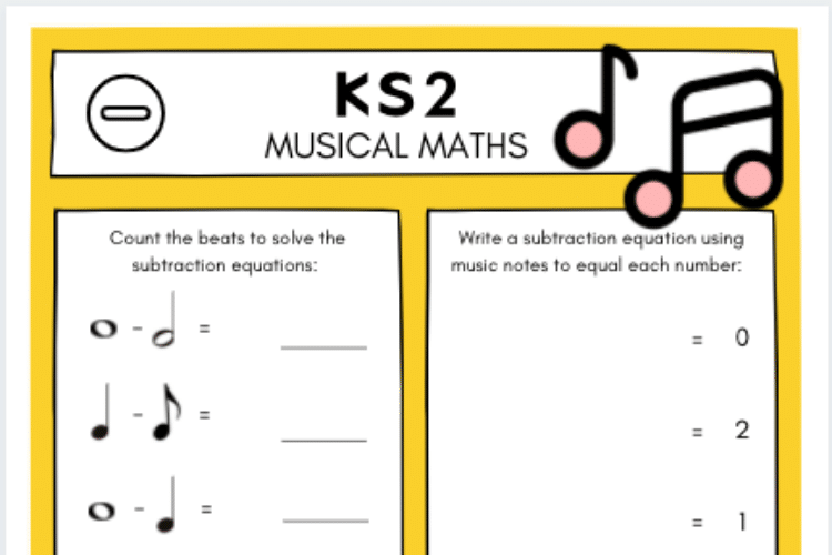 Musical Maths Worksheet - Subtraction // The Musical Me